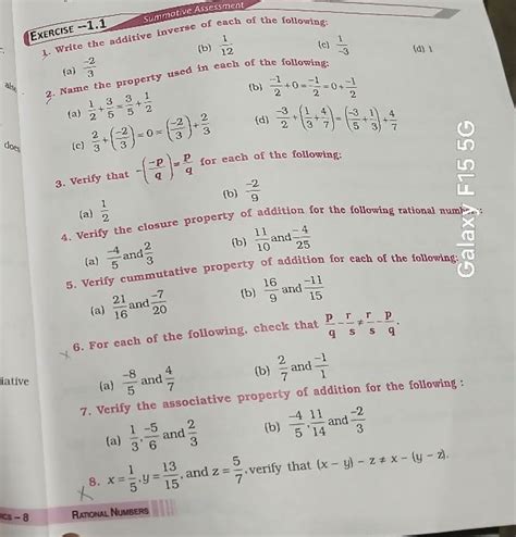 Exercise 11 Summative Assessment Write The Additive Inverse Of Each Of