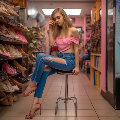 Teen Girl In Baggy Jeans And Pink Top At Shoe Store Trying On High