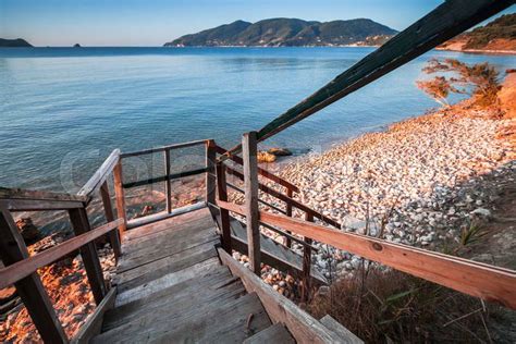 Wooden Stairs Going Down To Beach Coast Of Zakynthos Island Colourbox
