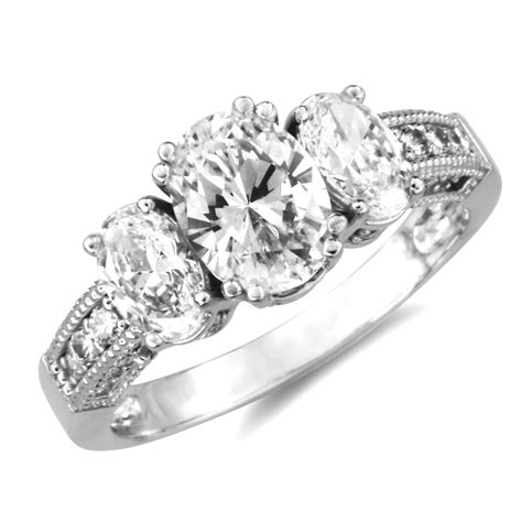 14k White Gold 3 Three Stones Oval Cz Engagement Ring