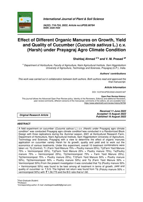(PDF) Effect of Different Organic Manures on Growth, Yield and Quality of Cucumber (Cucumis ...