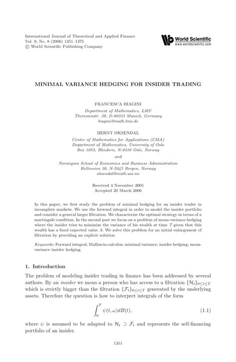 Pdf Minimal Variance Hedging For Insider Trading