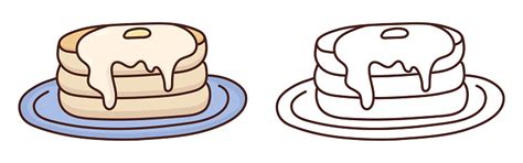 팬케이크 색칠 공부 페이지 버터와 시럽 벡터 일러스트 레이 션과 팬케이크 개요 어린이를위한 색칠 공부 책 어린이 교육 다채로운 라인 아트 건강에 좋지 않은 음식에 대한 스톡