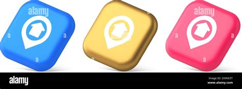 Urban Building Location Find Button House Map Pin Web Application 3d Realistic Blue Gold And