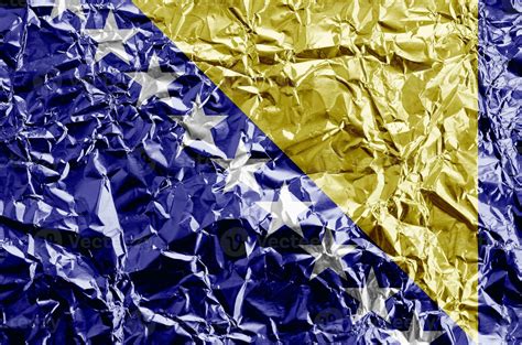 Bosnia And Herzegovina Flag Depicted In Paint Colors On Shiny Crumpled