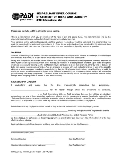10037pil Self Reliant Diver Course Statement Of Risks And Liability Eu