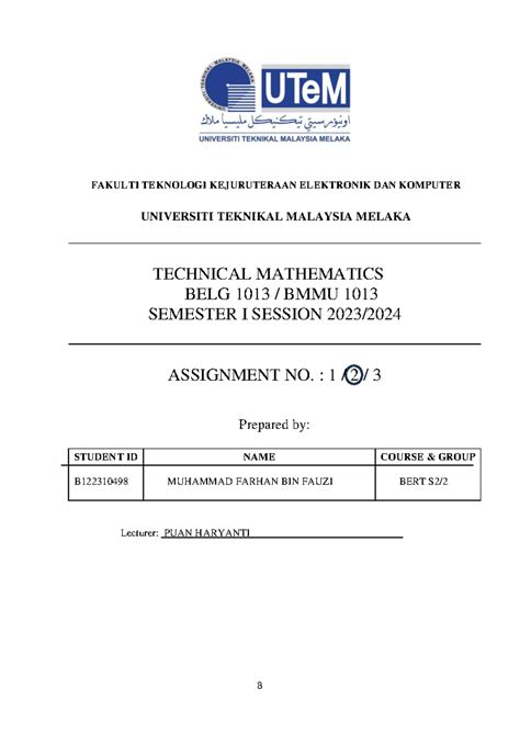 Assignment 2 Mathematics 8 Fakulti Teknologi Kejuruteraan Elektronik