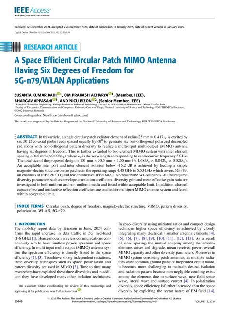A Space Efficient Circular Patch Mimo Antenna Having Six Degrees Of Freedom For 5g N79 Wlan