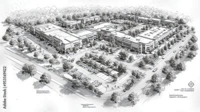 Detailed Blueprint Of A Commercial Shopping Center With Layout Wall