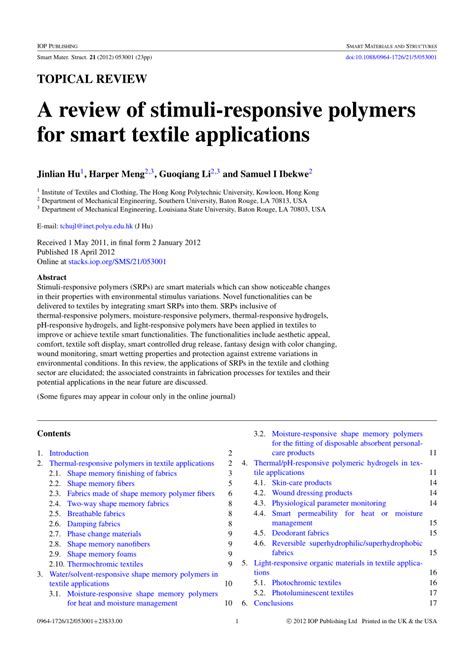 Pdf A Review Of Stimuli Responsive Polymers For Smart Textile
