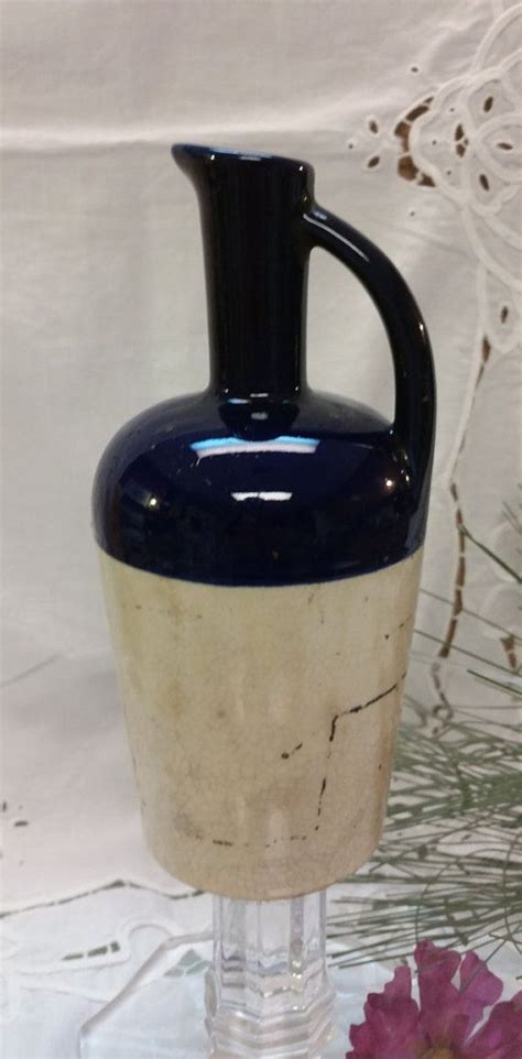 Vintage French Dolfi Pottery Bottle Cobalt Blue And Cream