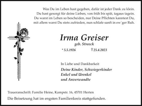 Traueranzeigen Von Irma Greiser Sich Erinnernde