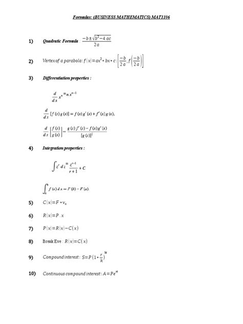 Mat1106 Formula Sheet For Exam Pdf Compound Interest Mathematics