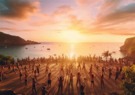Premium Ai Image A Panoramic View Of A Zumba Class On A Beach At Sunset With The Golden Hour