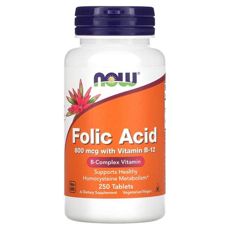 NOW Foods, фолиевая кислота, 800 мкг, 250 таблеток – купить за 1 200 ...