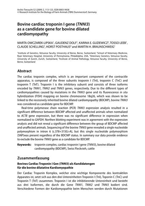 Pdf Bovine Cardiac Troponin I Gene Tnni3 As A Candidate Gene For