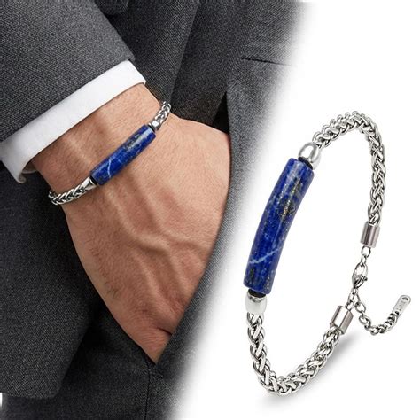 Lapis Lazuli Bracelet For Men Natural Blue Stone Bar Bracelet