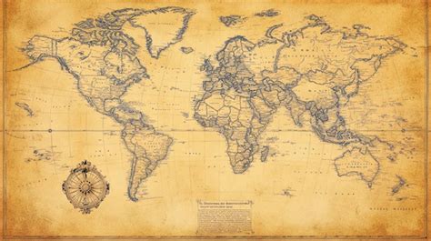A Vintage World Map With A Compass In The Bottom Left Corner Premium