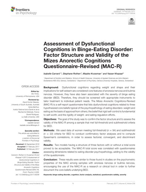 Pdf Assessment Of Dysfunctional Cognitions In Binge Eating Disorder