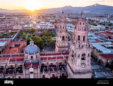 Aerial View Of The Cathedral Of Morelia At Sunset Michoacan Mexico