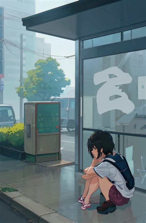 Anime Scene Of A Girl Sitting On The Sidewalk In Front Of A Bus Tokyo