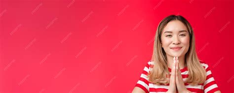 Premium Photo Thankful Cute Happy Asian Girl Bowing Politely Show Namaste Gesture Gladful