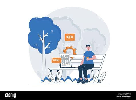 Freelance Working Web Concept With Character Scene Man Programmer Working With Code While