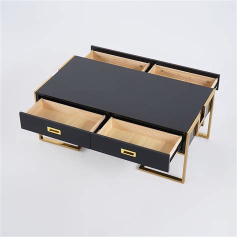 Jocise Contemporary Black Rectangular Coffee Table With Drawers Lacquer