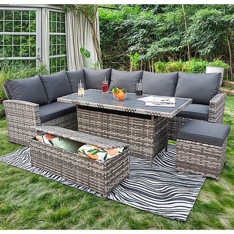 Rosen 9 Seater Grey Rattan Garden Dining Set With Storage Bench And Stool