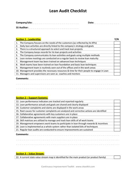 Lean Audit Checklist Lean Audit Checklist Continuous Improvement