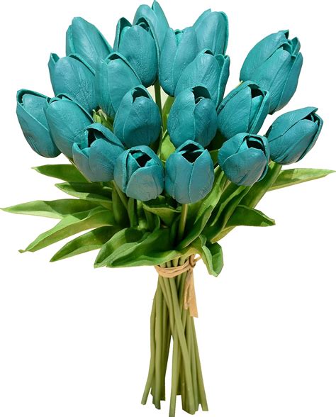 Mandys 20pcs Teal Flowers Artificial Tulip Silk Flowers 13