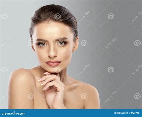 Skin Care Attractive Woman With Bare Shoulders Expressive Gray Eyes