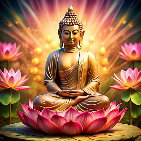 Golden Buddha Meditating On A Lotus Flower With Radiant Spiritual Light