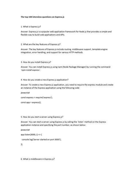 the top 100 interview questions on express js pdf java script information technology