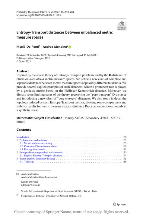 Pdf Entropy Transport Distances Between Unbalanced Metric Measure Spaces