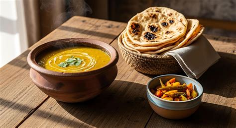 Delicious Indian Cuisine Dal Makhani Naan And Vegetable Curry On Rustic