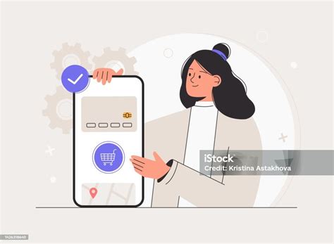 온라인 지불 개념 스마트 폰에서 응용 프로그램과 함께 온라인으로 구매 또는 구매하는 여성 순서 처리 된 은유 벡터 일러스트레이션 금융에 대한 스톡 벡터 아트 및 기타 이미지