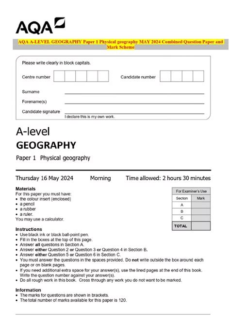 Aqa A Level Geography Paper 1 Physical Geography May 2024 Combined