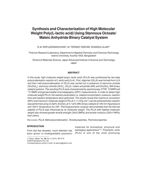 Pdf Synthesis And Characterization Of High Molecular Weight Polyl