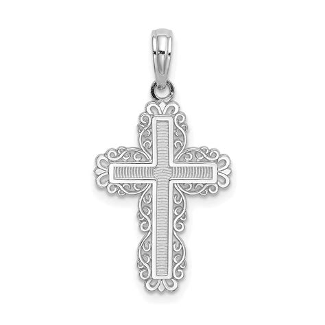 10k White Gold Textured Filigree Cross Pendant Necklace For Men And