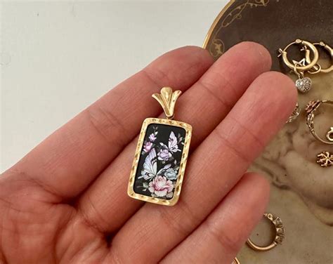1957 14k Solid Gold Hand Painted Floral Butterfly Pendant • Vintage