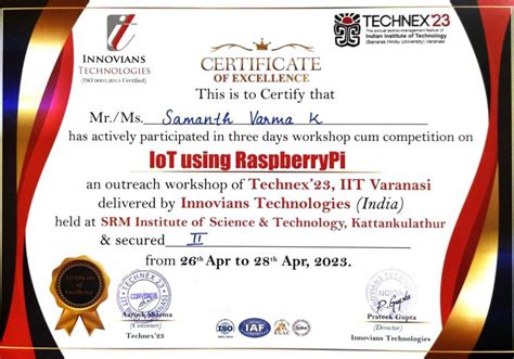 Iot Raspberrypi Iitvaranasi Certificateofexcellence Samanth Varma