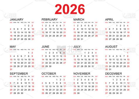 日历2026模板矢量，简单的最小设计，规划师2026年，墙壁日历2026年，星期开始星期一，一套12