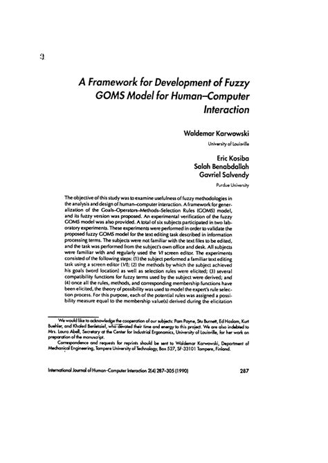 PDF A Framework For Development Of Fuzzy GOMS Model For Human