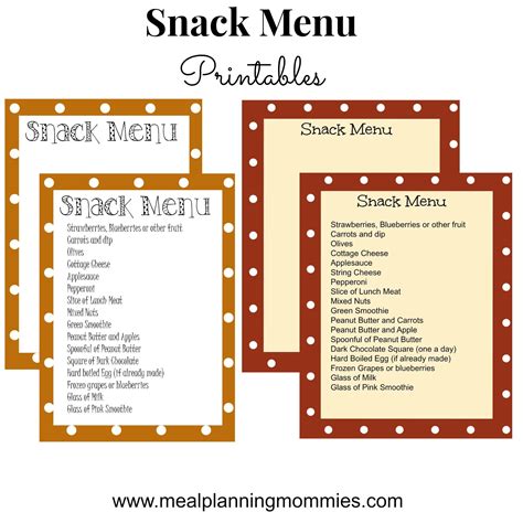 Snack Menu Printable Meal Planning Mommies