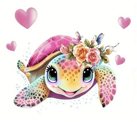 Kawaii Turtle Drawing With Flowers And Hearts