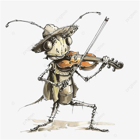 Drawing Sketch Style Of A Grasshopper Fiddler Playing The Violin
