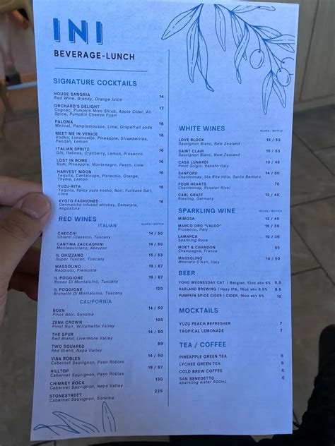 Ini Ristorante Menu Updated November 2025