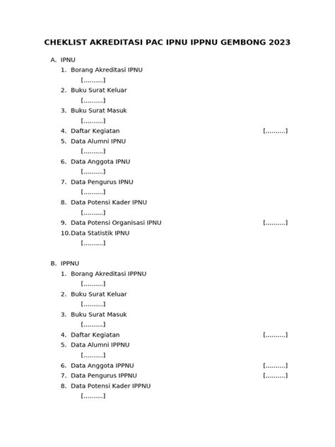 Cheklist Akreditasi Pac Ipnu Ippnu Gembong 2023 Pdf