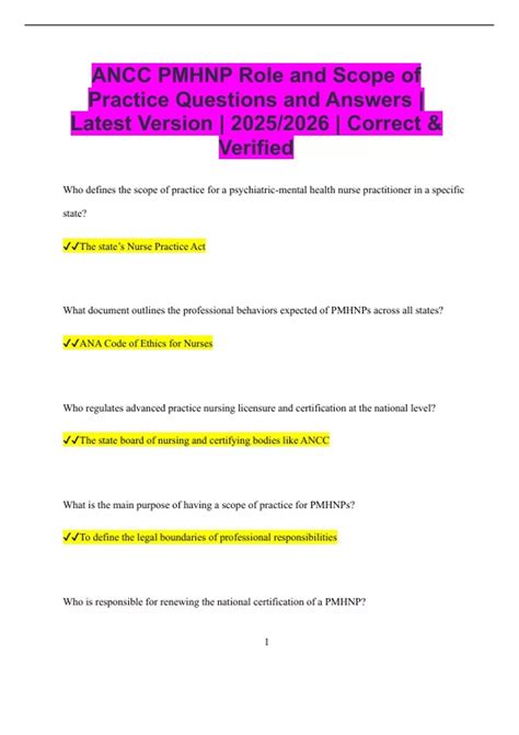 Ancc Pmhnp Role And Scope Of Practice Questions And Answers Latest